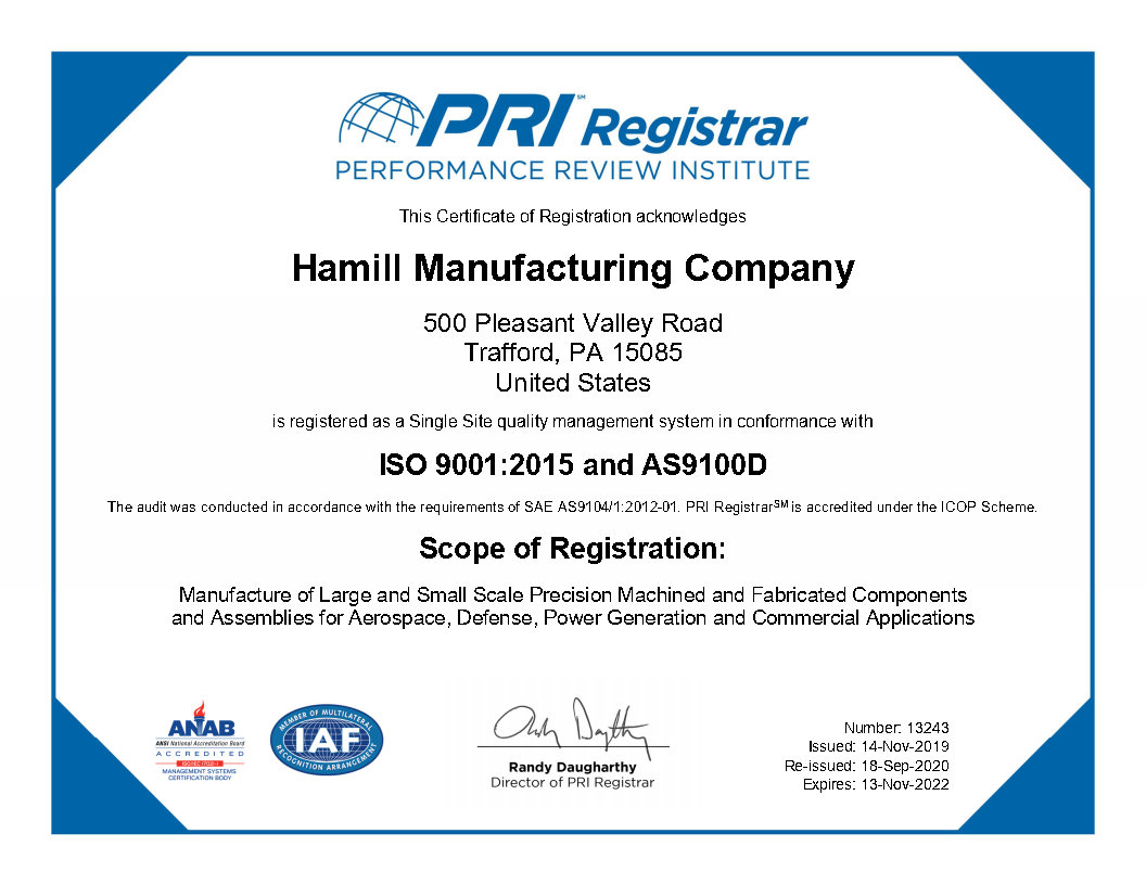Certifications | Hamill Manufacturing